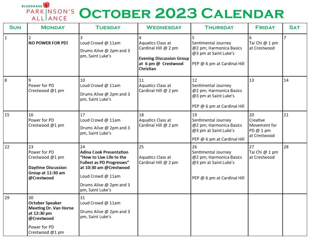 Monthly Event Calendar – Bluegrass Parkinson's